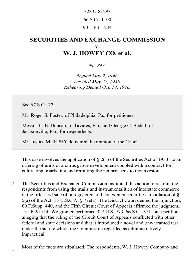 Securities and Exchange Commission v. W. J. Howey Co., 328 U.S. 293 ...