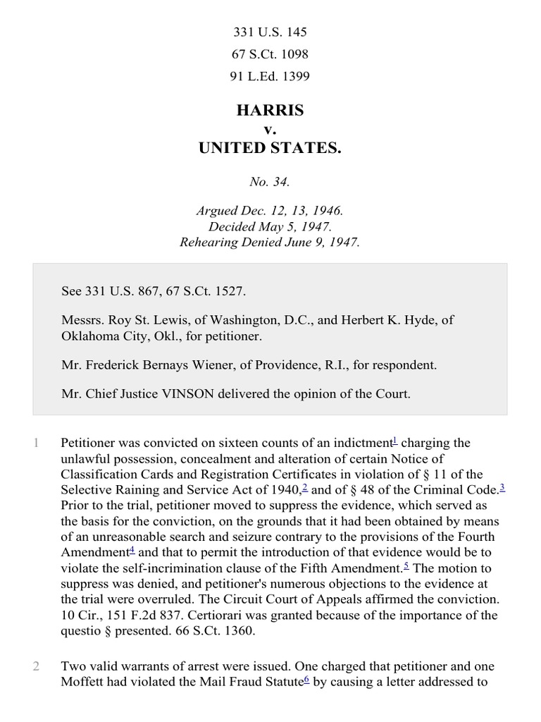 Harris v. United States, 331 U.S. 145 (1947) | PDF | Search And Seizure ...