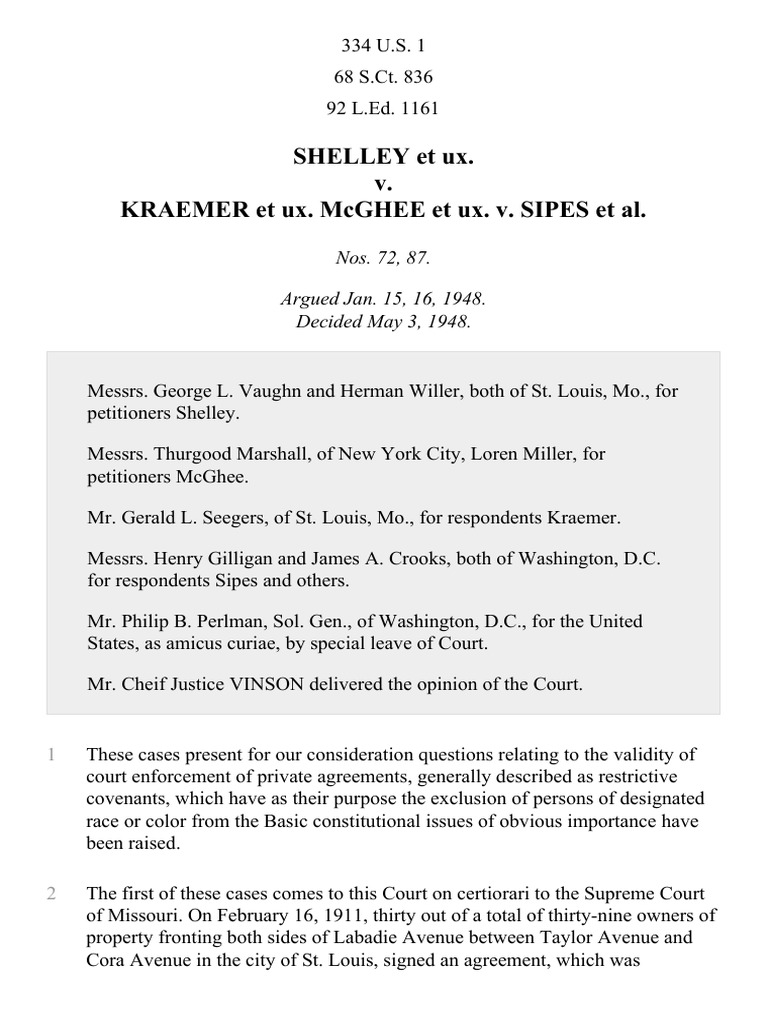 Shelley v. Kraemer, 334 U.S. 1 (1948) | PDF | Fourteenth Amendment To ...