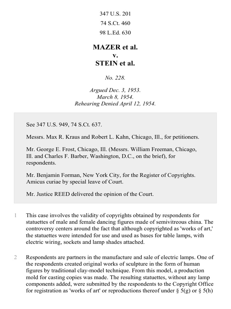 Mazer v. Stein, 347 U.S. 201 (1954) | PDF | Copyright | Patent