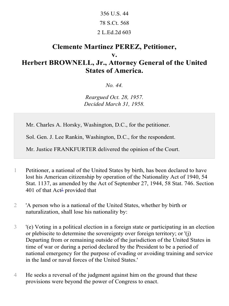 Perez v. Brownell, 356 U.S. 44 (1958) | PDF | United States Nationality ...