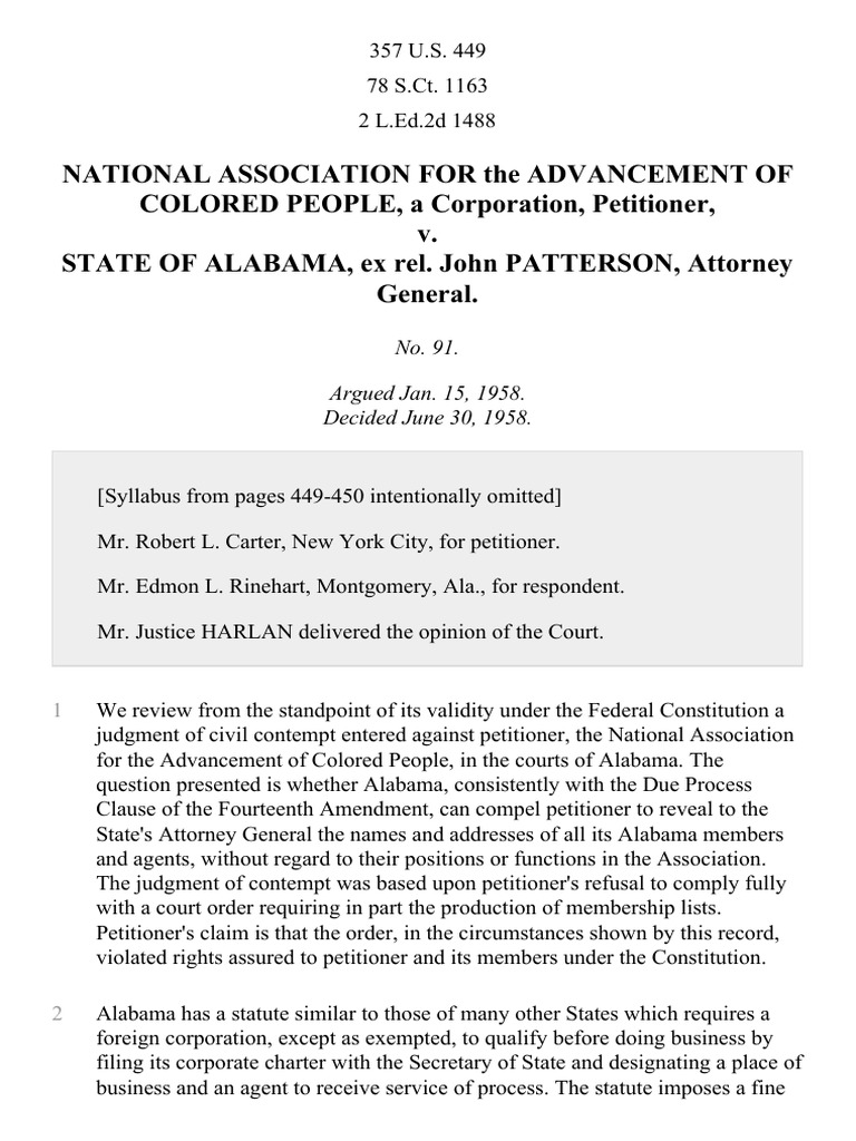 NAACP v. Alabama Ex Rel. Patterson, 357 U.S. 449 (1958) | PDF ...