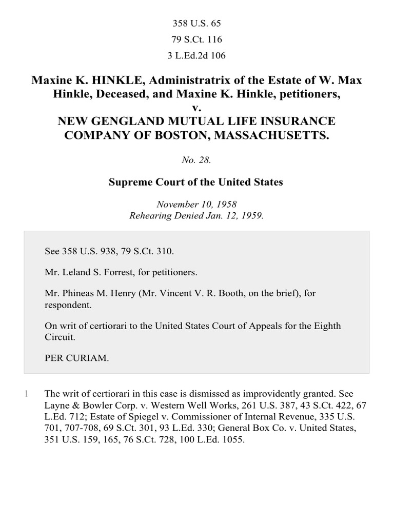 Hinkle v. New England Mut. Ins. Co. of Boston, 358 U.S. 65 (1959) | PDF