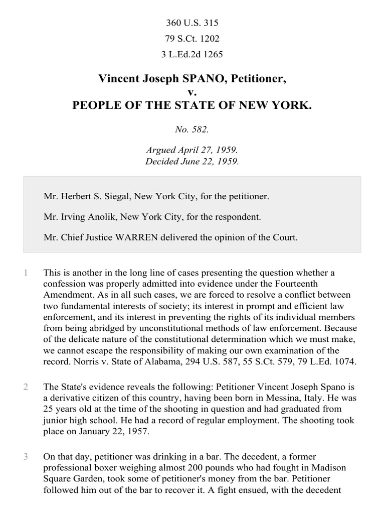 Spano v. New York, 360 U.S. 315 (1959) | PDF | Confession (Law ...