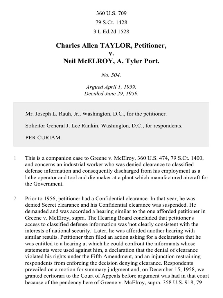 Taylor v. McElroy: Security Clearance Case | PDF | Supreme Courts ...