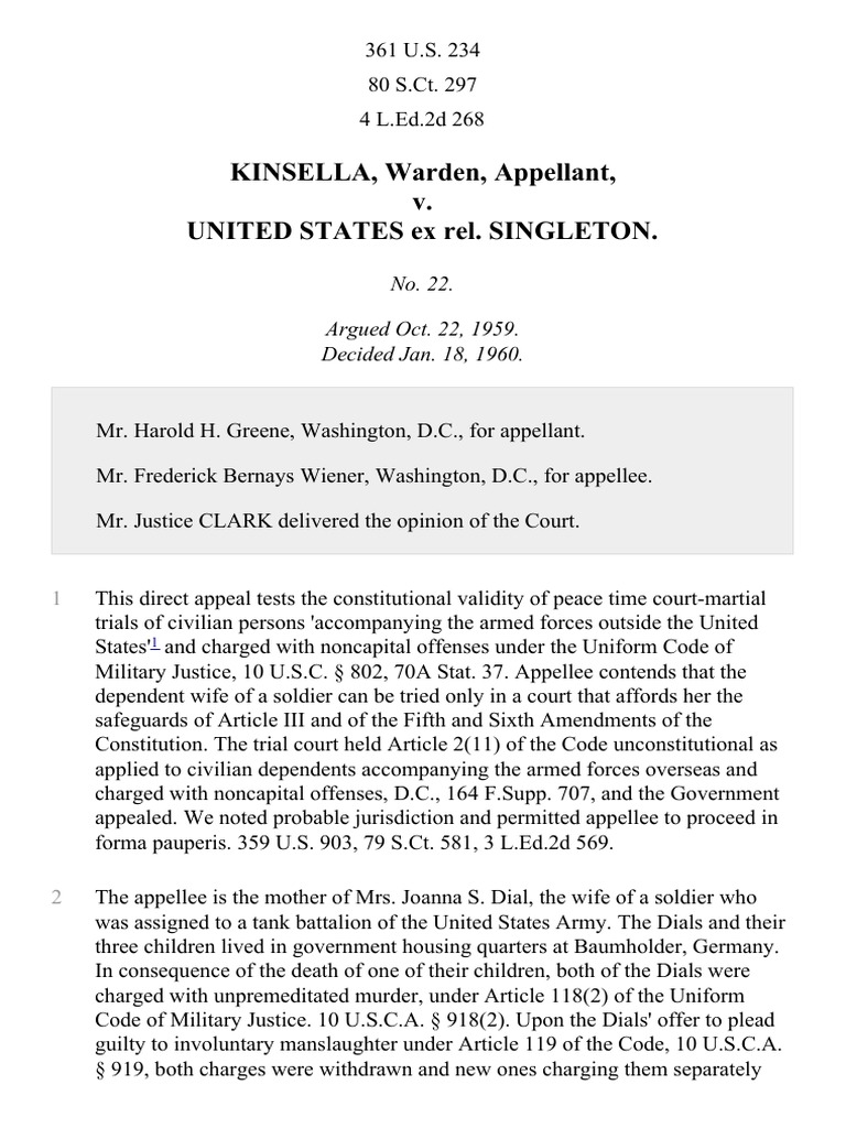 Kinsella v. United States Ex Rel. Singleton, 361 U.S. 234 (1960) | PDF ...
