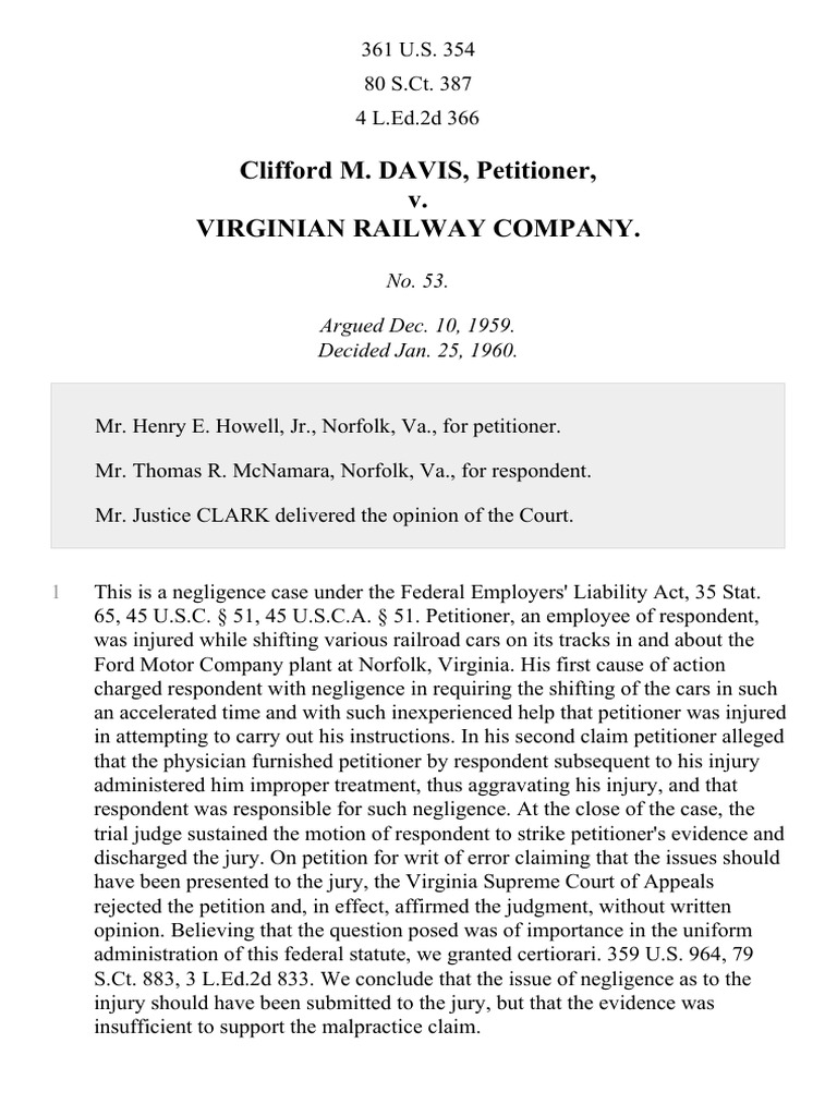Davis v. Virginian R. Co., 361 U.S. 354 (1960) | PDF | Supreme Court Of ...