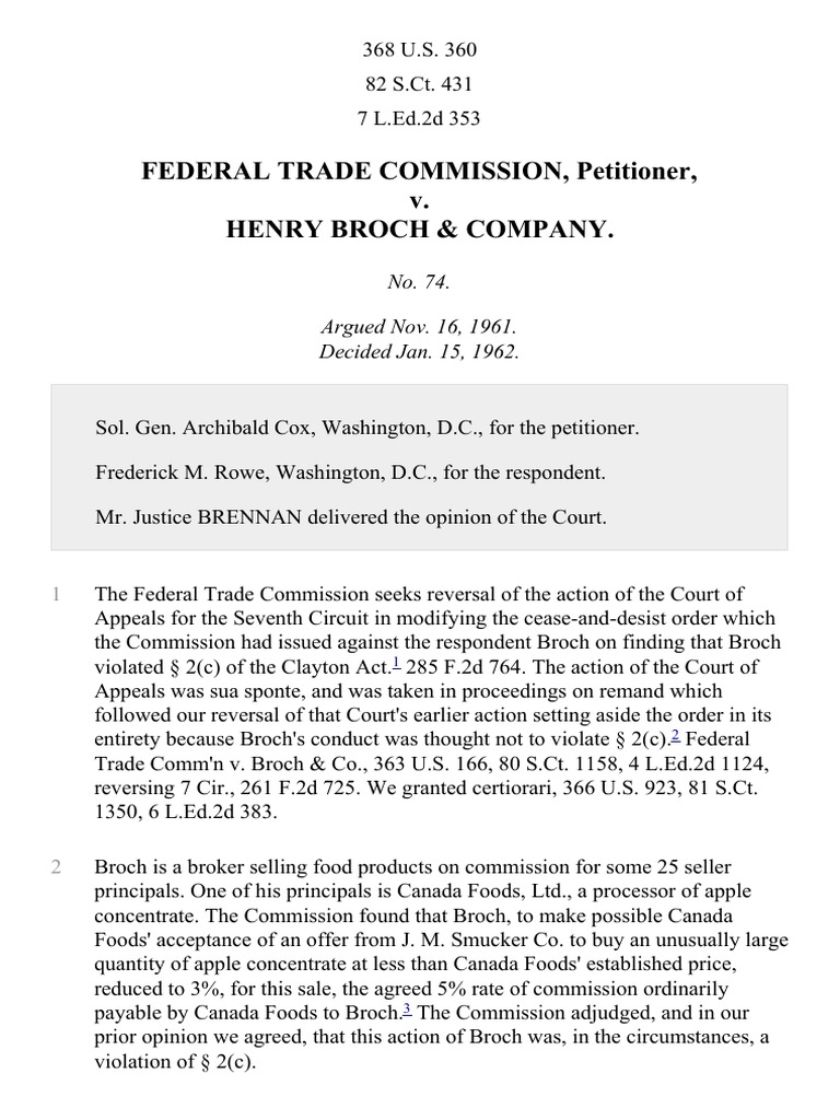 FTC v. Henry Broch & Co., 368 U.S. 360 (1962) | PDF | Clayton Antitrust ...
