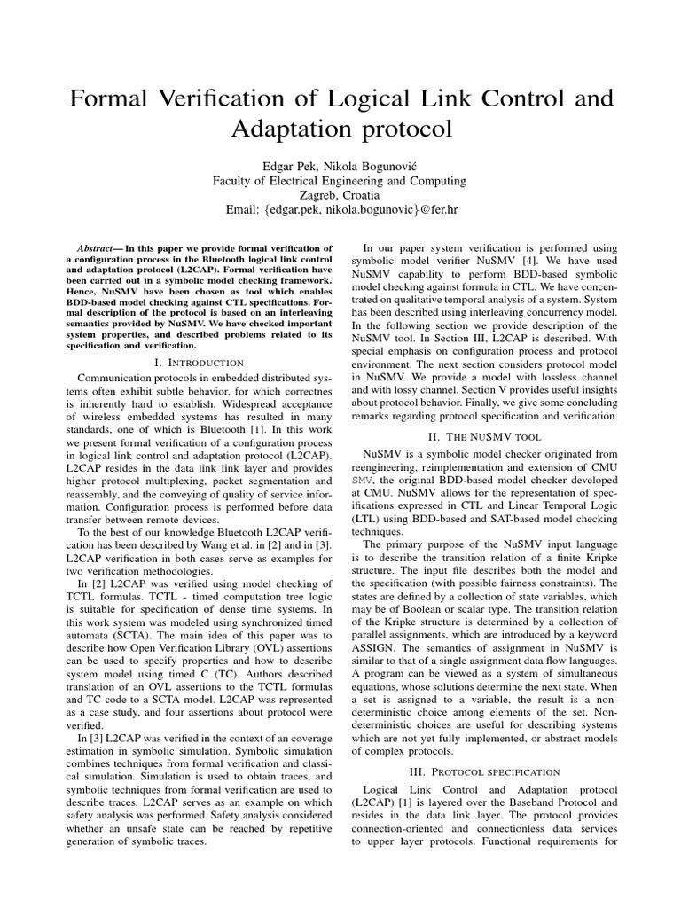 Formal Verification of Logical Link Control and Adaptation Protocol | PDF | Formal Verification ...