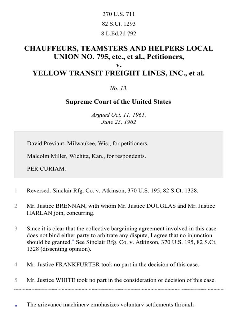 Teamsters v. Yellow Transit Freight Lines, Inc., 370 U.S. 711 (1962 ...