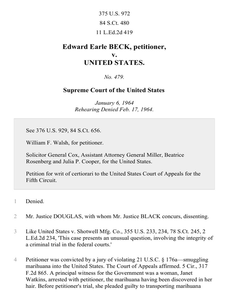 Edward Earle Beck v. United States, 375 U.S. 972 (1964) | PDF | Supreme ...