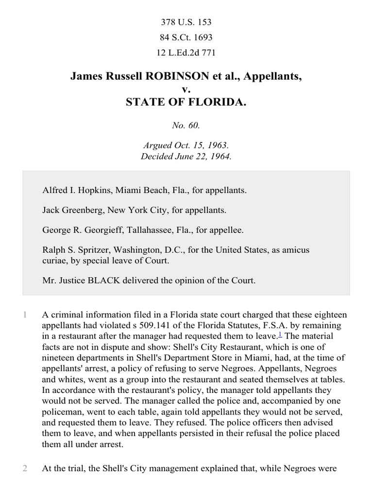 Robinson v. Florida, 378 U.S. 153 (1964) | PDF | Supreme Court Of The ...