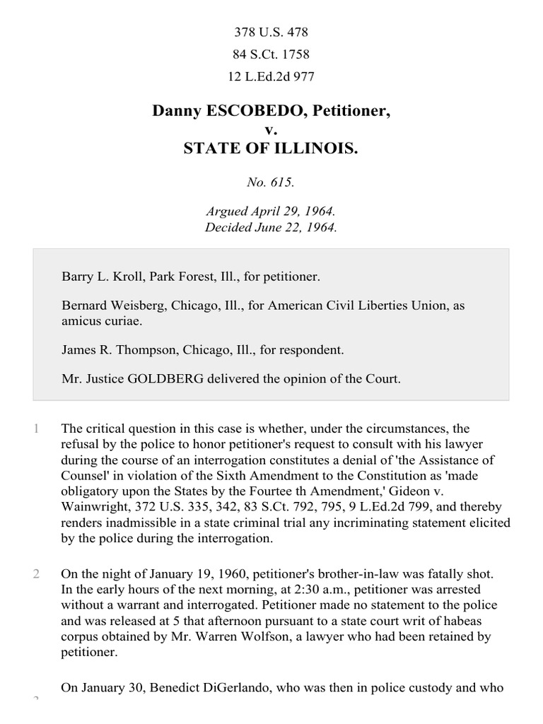 Escobedo v. Illinois, 378 U.S. 478 (1964) | Confession (Law) | Supreme ...