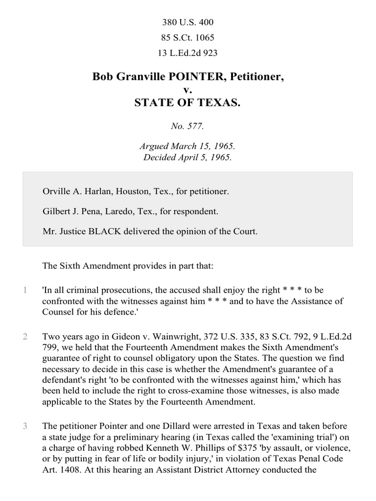 Pointer v. Texas, 380 U.S. 400 (1965) | PDF | Incorporation Of The Bill ...