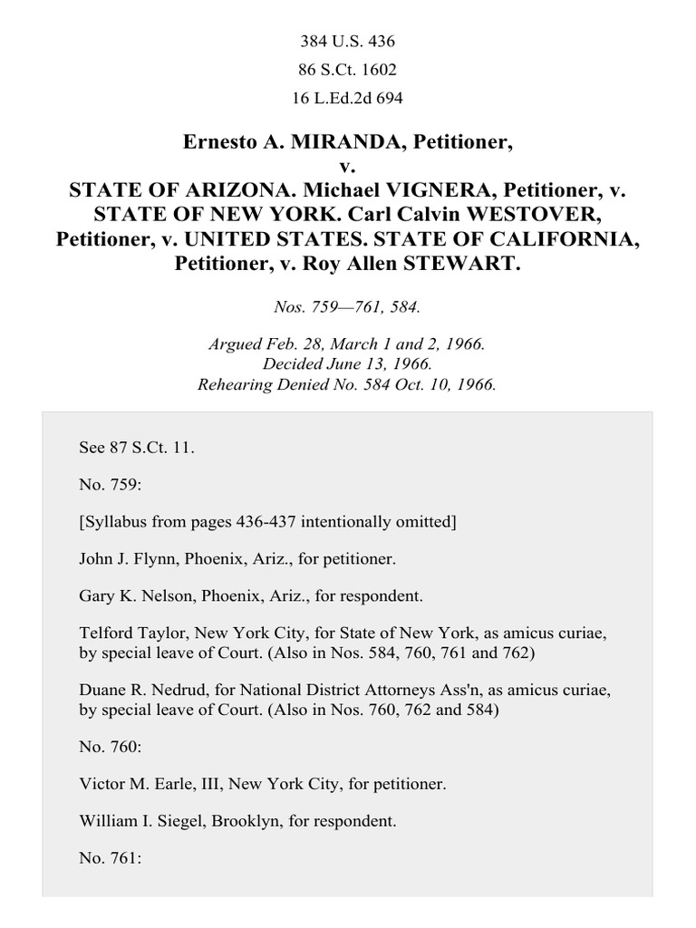 Miranda v. Arizona, 384 U.S. 436 (1966) | Fifth Amendment To The United ...