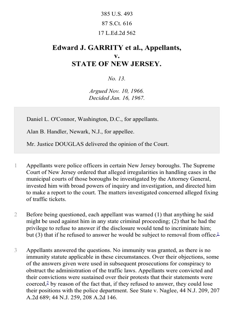 Garrity v. New Jersey, 385 U.S. 493 (1967) | PDF | Self Incrimination ...