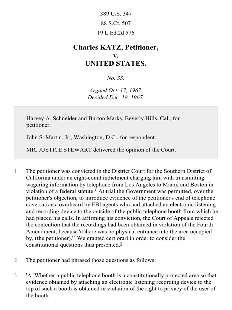 Katz v. United States, 389 U.S. 347 (1967) | Search And Seizure ...