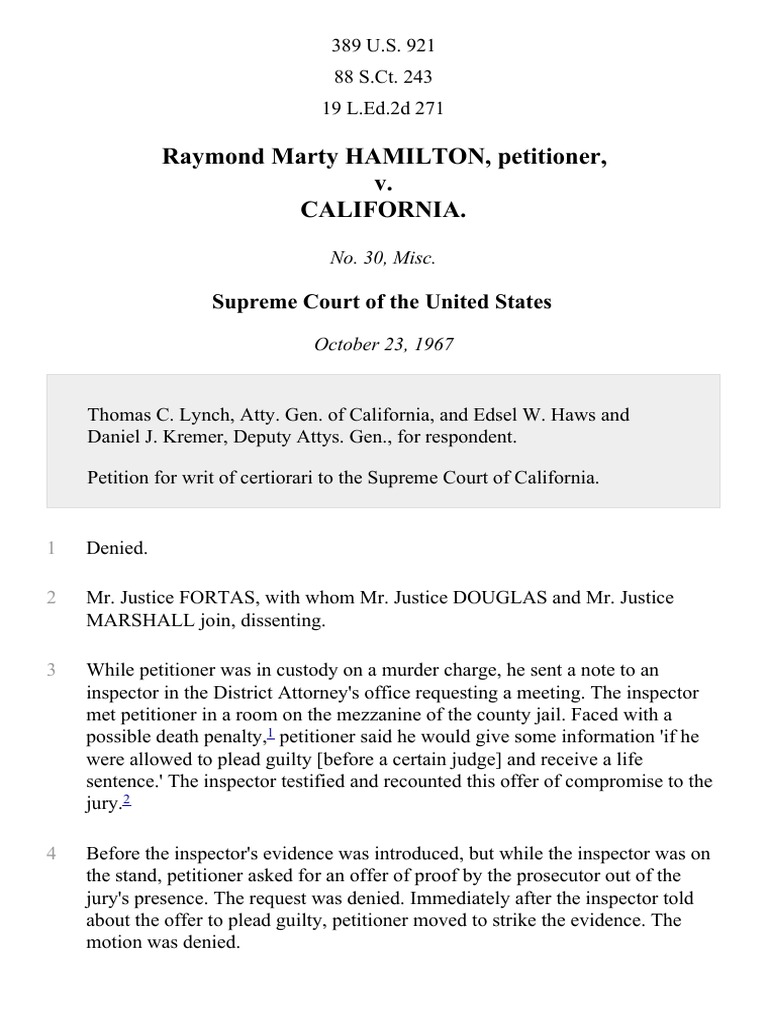 Raymond Marty Hamilton v. California, 389 U.S. 921 (1967) | PDF | Plea ...
