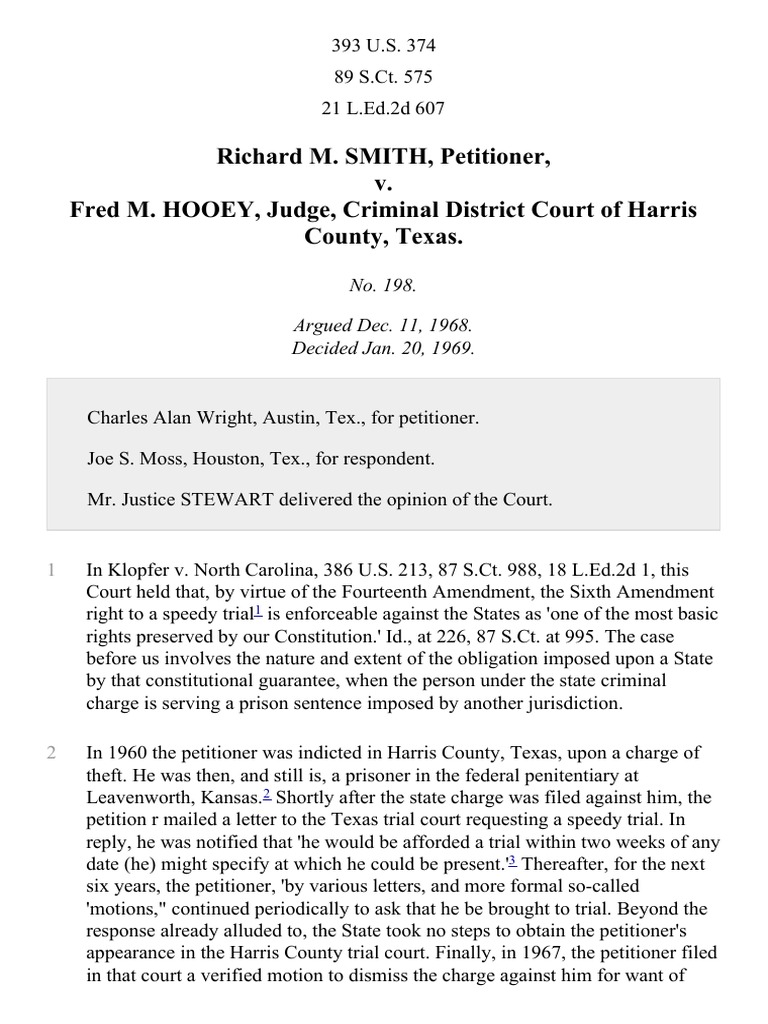 Smith v. Hooey: Speedy Trial Rights | PDF | Discretion | Supreme Court ...