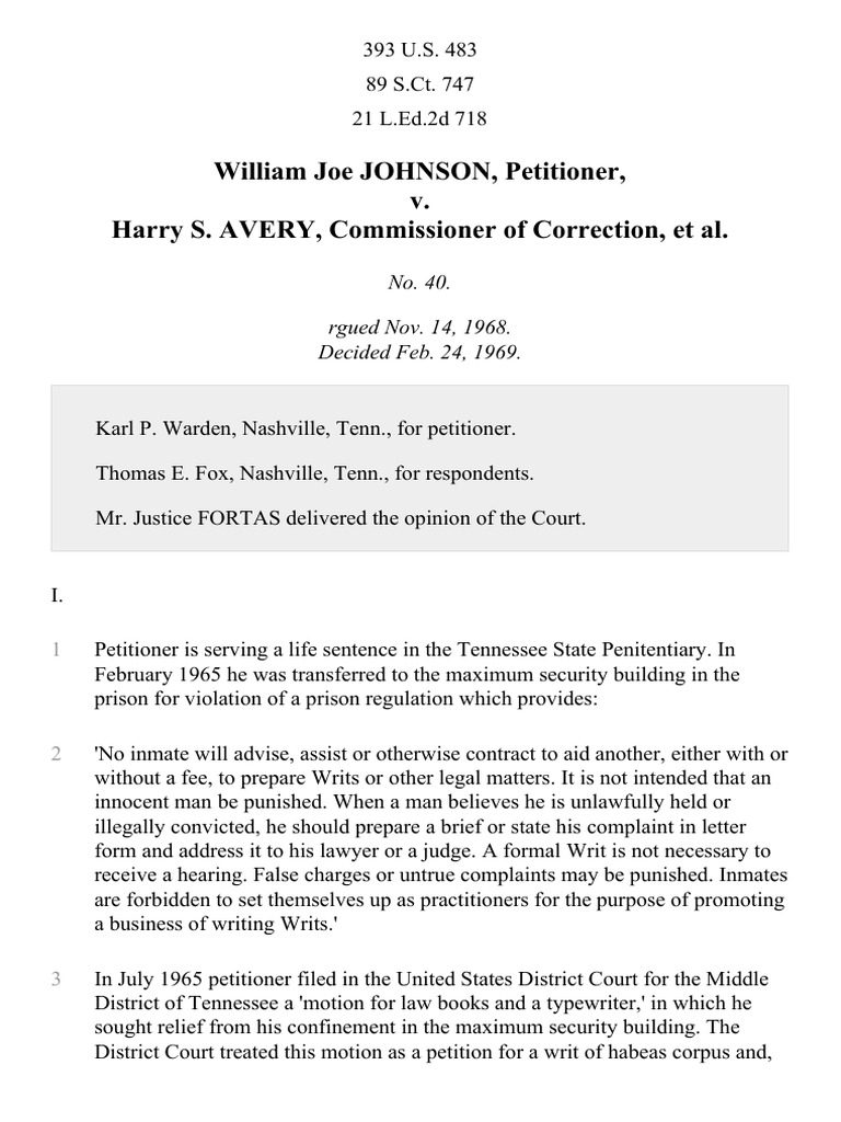 Johnson v. Avery, 393 U.S. 483 (1969) | PDF | Habeas Corpus | Supreme ...