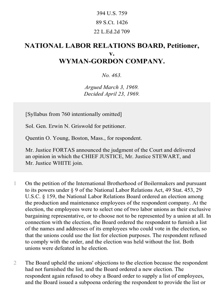 NLRB v. Wyman-Gordon Co., 394 U.S. 759 (1969) | PDF | Rulemaking ...