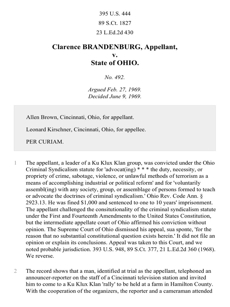 Brandenburg v. Ohio Case Summary | PDF | First Amendment To The United ...