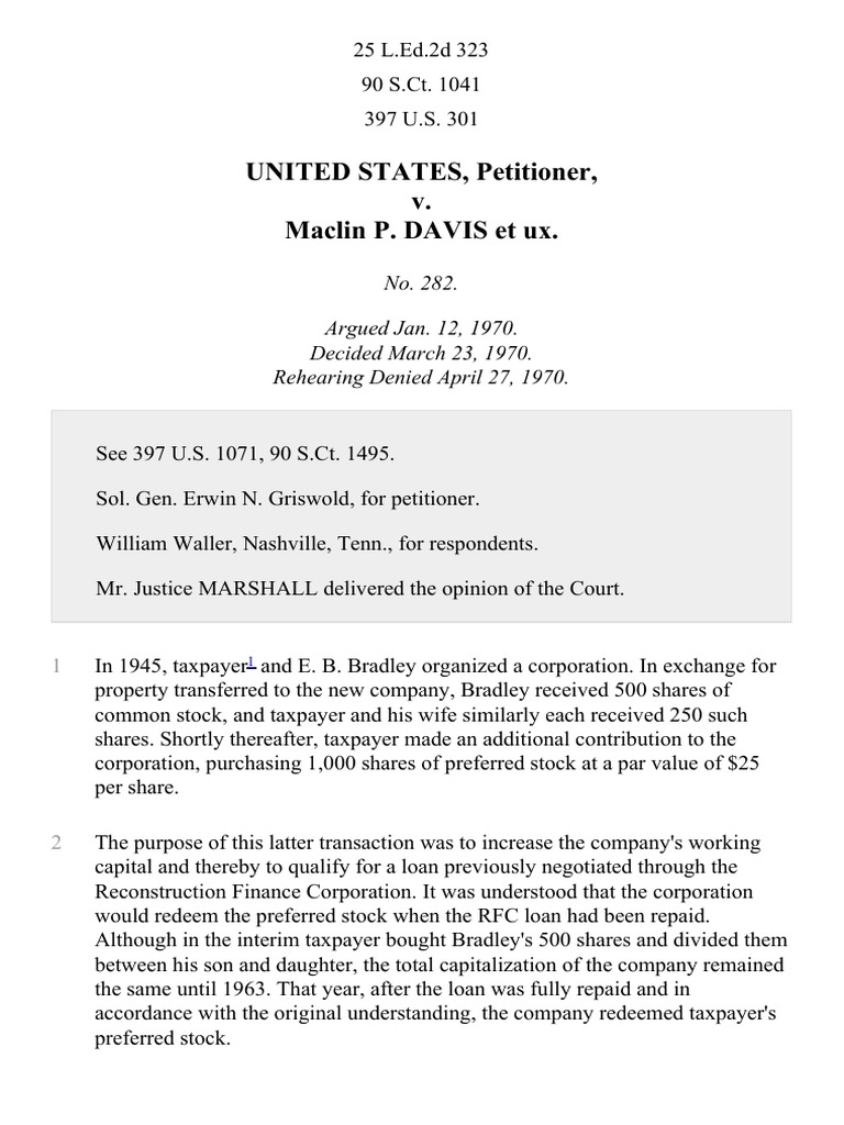 United States v. Davis, 397 U.S. 301 (1970) | PDF | Dividend | Stocks