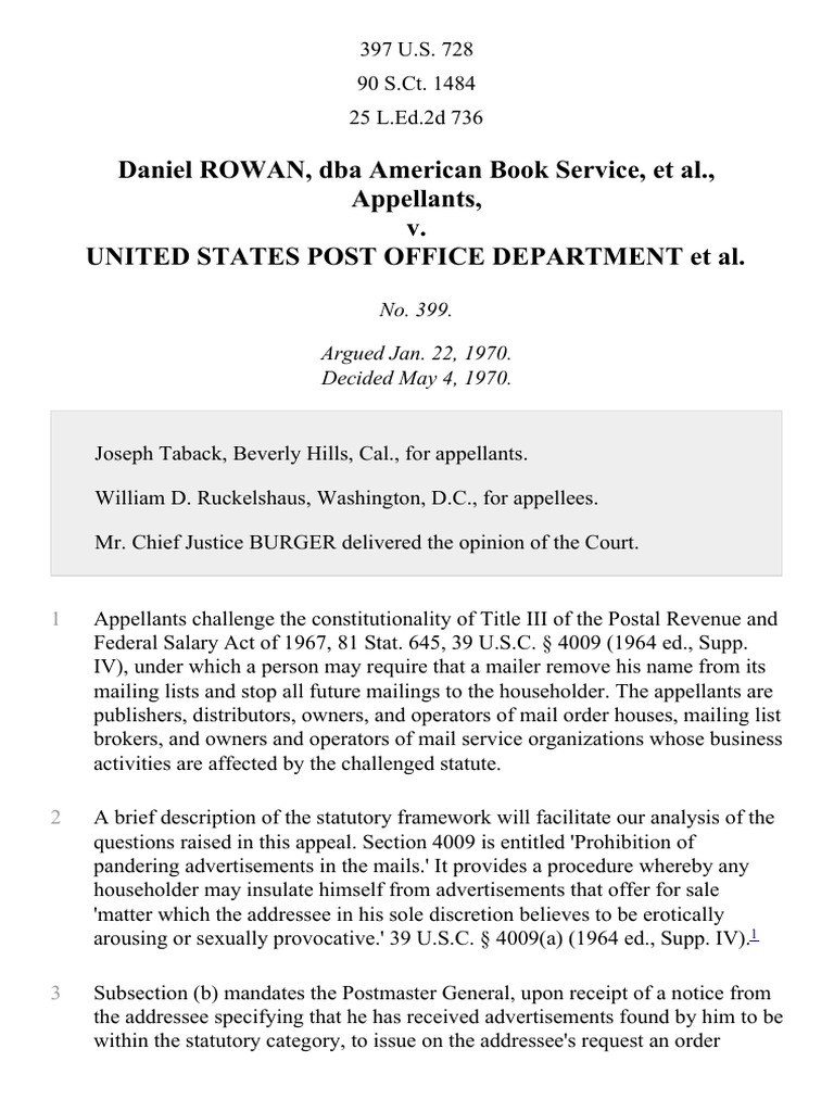 Rowan v. Post Office Dept., 397 U.S. 728 (1970) | PDF | Due Process ...