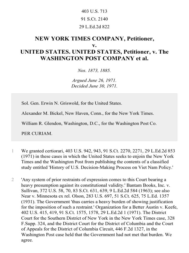 New York Times v. United States (1971) | PDF | First Amendment To The ...