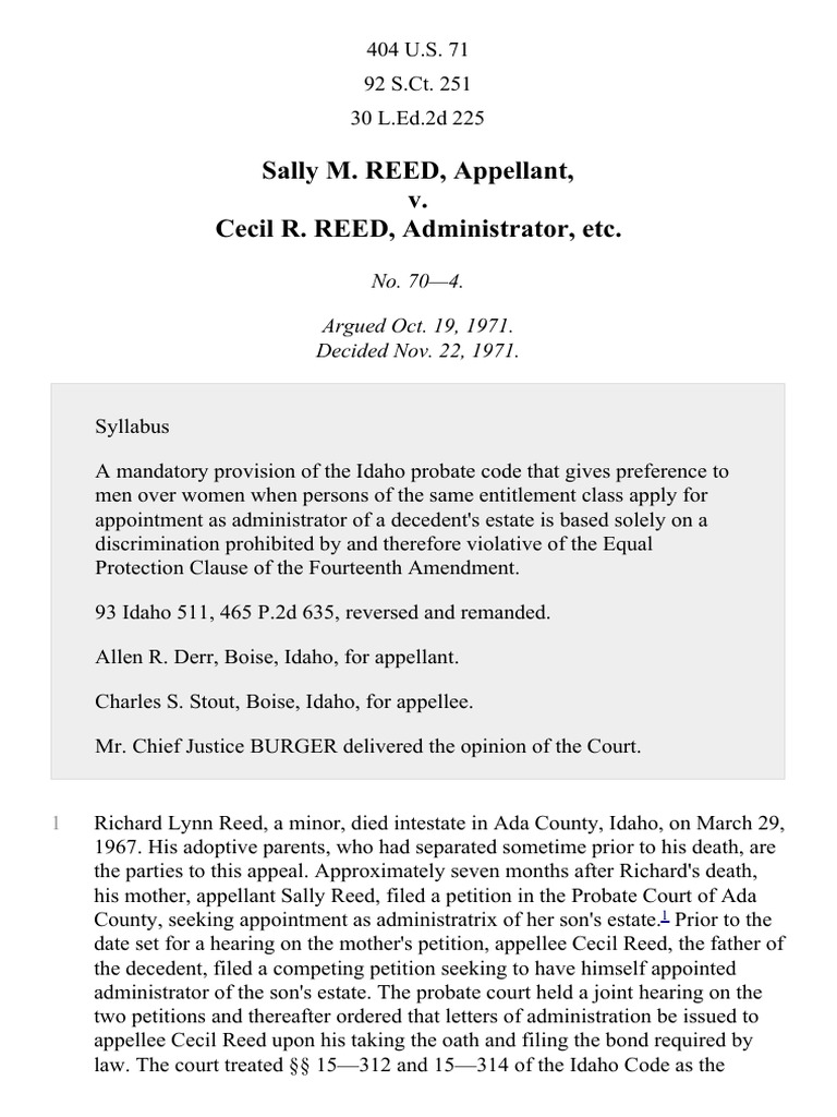 Reed v. Reed, 404 U.S. 71 (1971) | PDF | Fourteenth Amendment To The ...