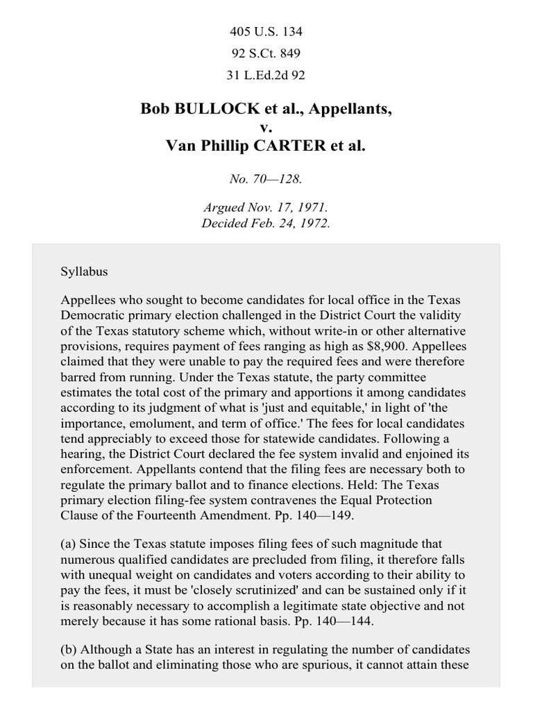 Bullock v. Carter, 405 U.S. 134 (1972) | Download Free PDF | Primary ...