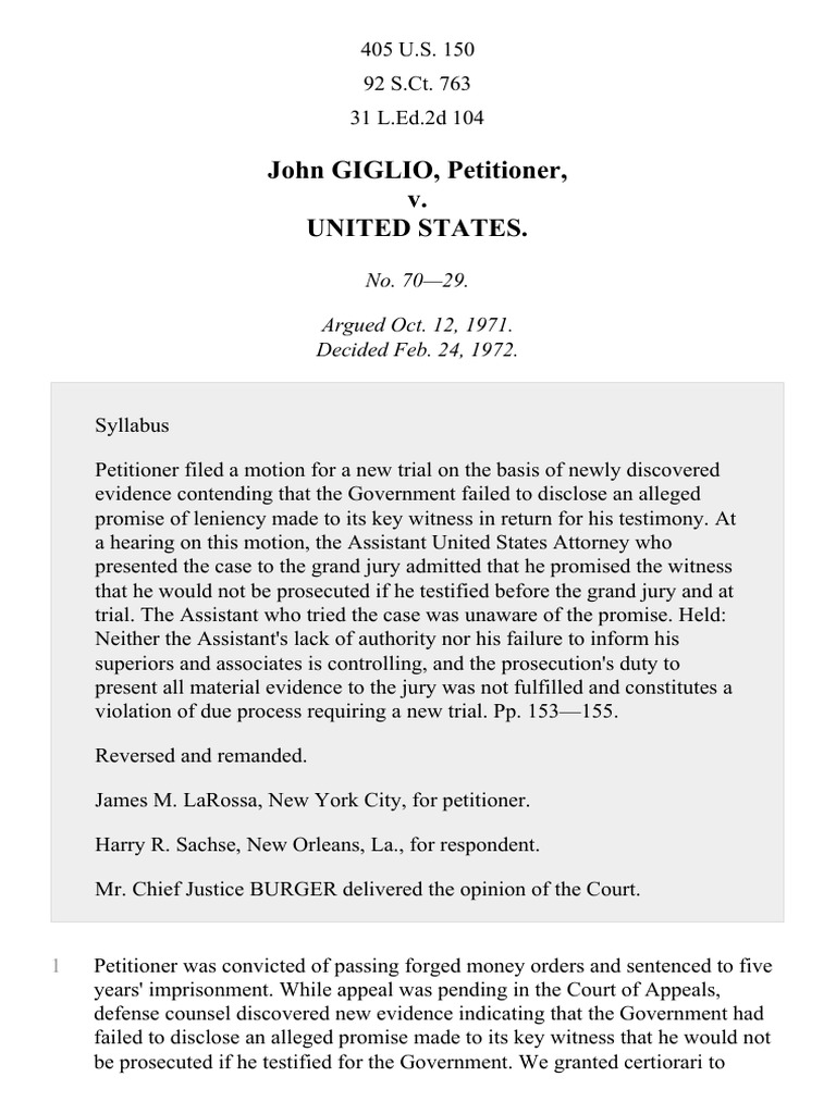 Giglio v. United States, 405 U.S. 150 (1972) | PDF | Prosecutor | Witness