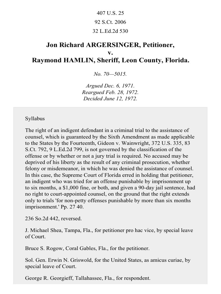 Argersinger v. Hamlin, 407 U.S. 25 (1972) | Download Free PDF | Jury ...