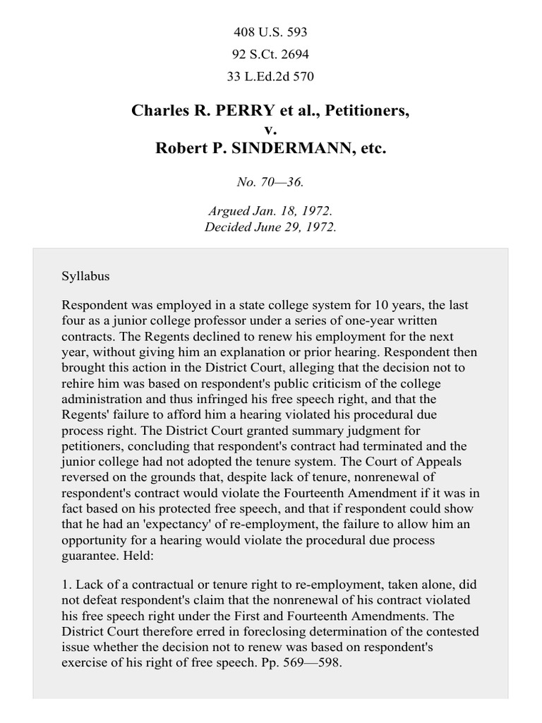 Perry v. Sindermann, 408 U.S. 593 (1972) | PDF | Fourteenth Amendment ...