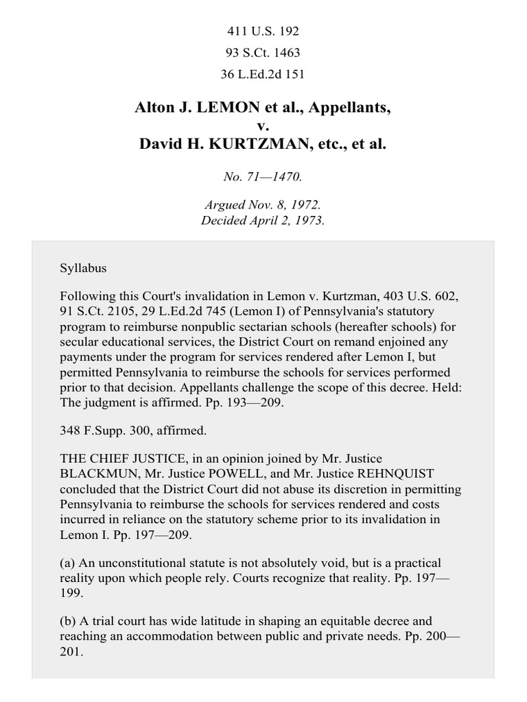 Lemon v. Kurtzman, 411 U.S. 192 (1973) | PDF | Supreme Court Of The ...