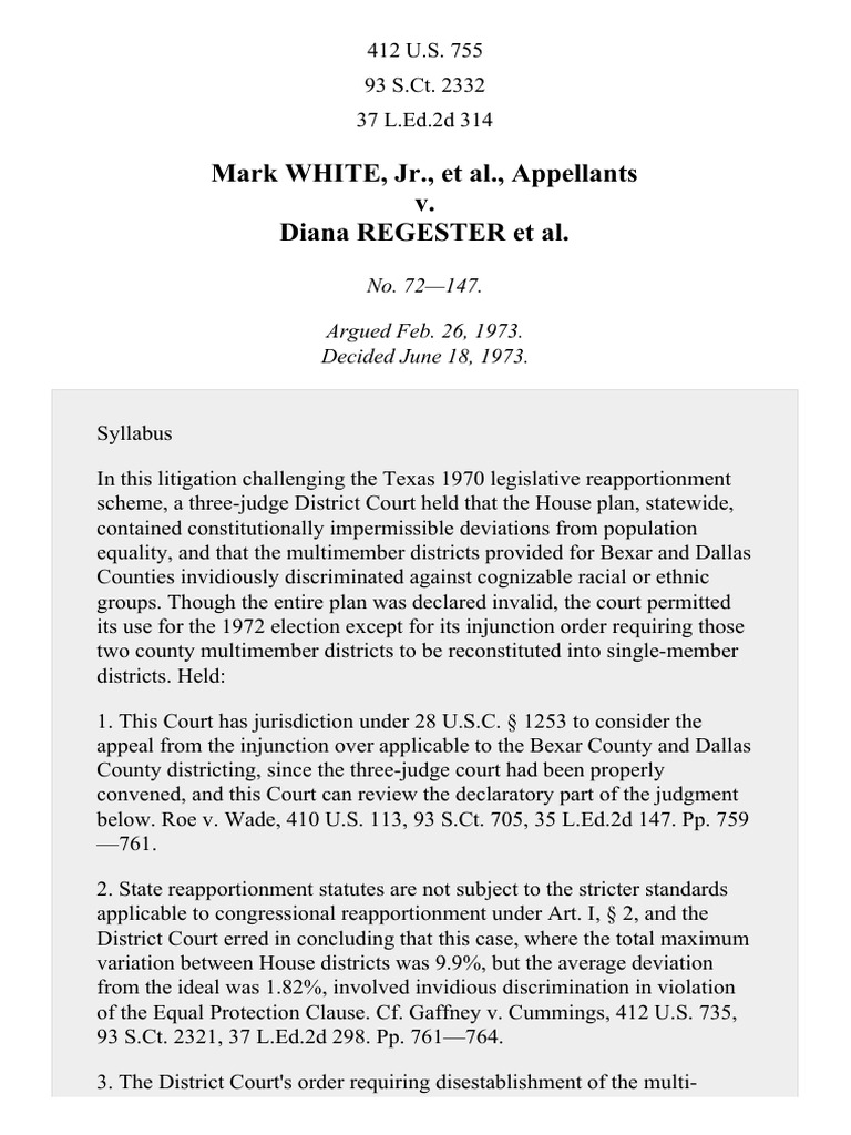 White v. Regester, 412 U.S. 755 (1973) | PDF | Supreme Court Of The ...