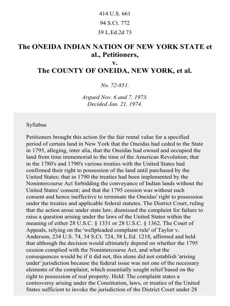 Oneida Indian Nation v. County of Oneida, 414 U.S. 661 (1974) | PDF ...