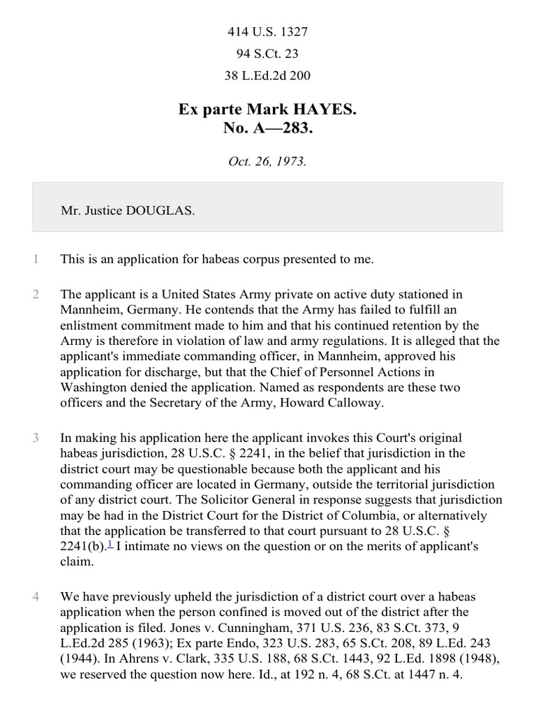 Ex Parte Mark Hayes. No. A-283, 414 U.S. 1327 (1973) | PDF | Supreme ...