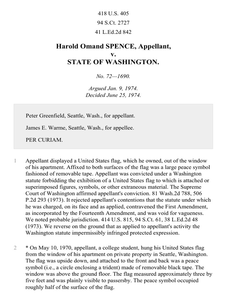 Spence v. Washington, 418 U.S. 405 (1974) | Download Free PDF | Supreme ...