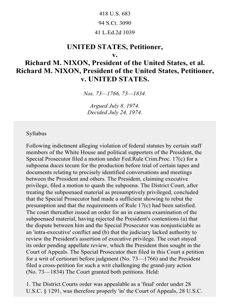 United States v. Nixon, 418 U.S. 683 (1974) | PDF | Supreme Court Of ...