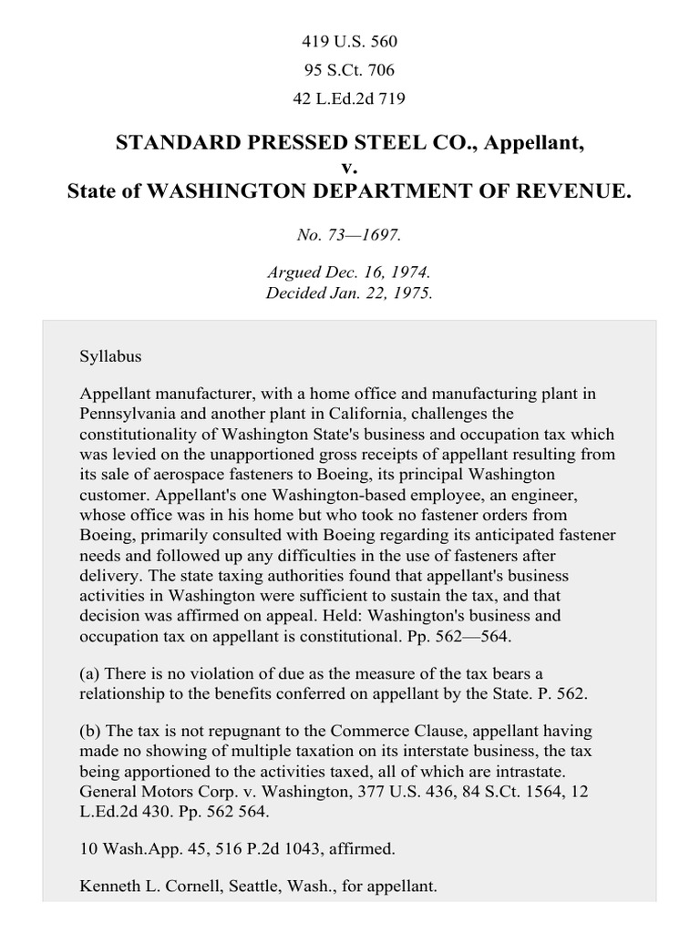 Standard Pressed Steel Co. v. Department of Revenue of Wash., 419 U.S ...