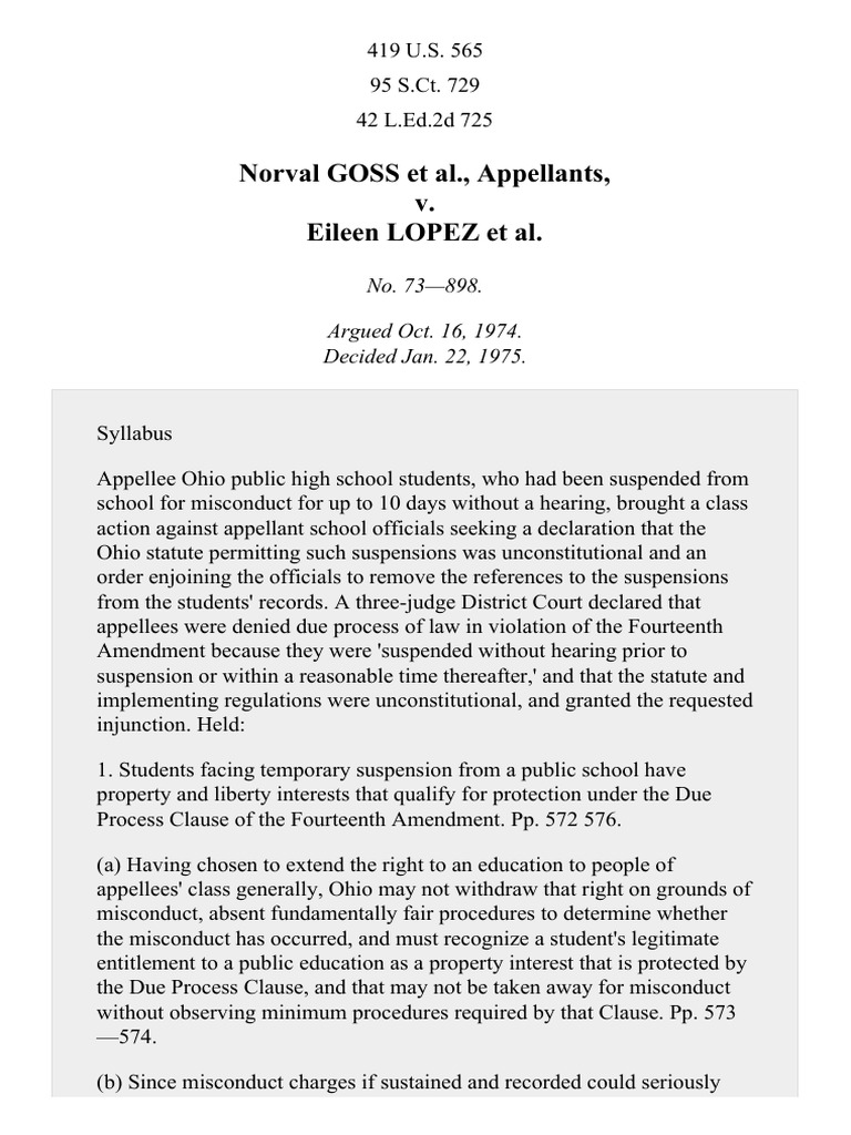 Goss v. Lopez, 419 U.S. 565 (1975) | PDF | Fourteenth Amendment To The ...