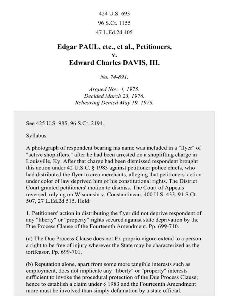 Paul v. Davis, 424 U.S. 693 (1976) | PDF | Fourteenth Amendment To The ...