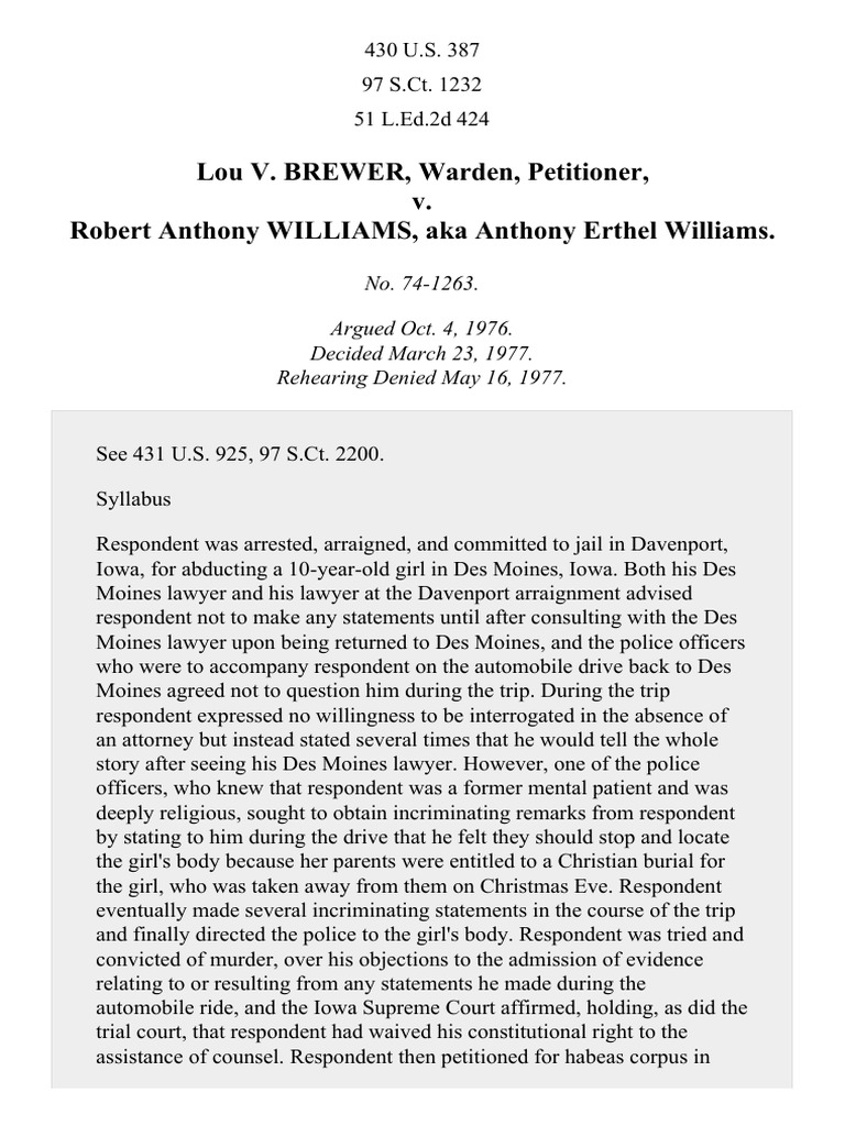 Brewer v. Williams, 430 U.S. 387 (1977) | PDF | Supreme Court Of The ...