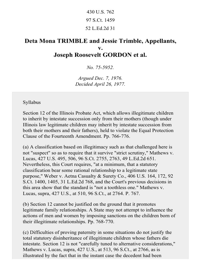 Trimble v. Gordon, 430 U.S. 762 (1977) | PDF | Equal Protection Clause ...