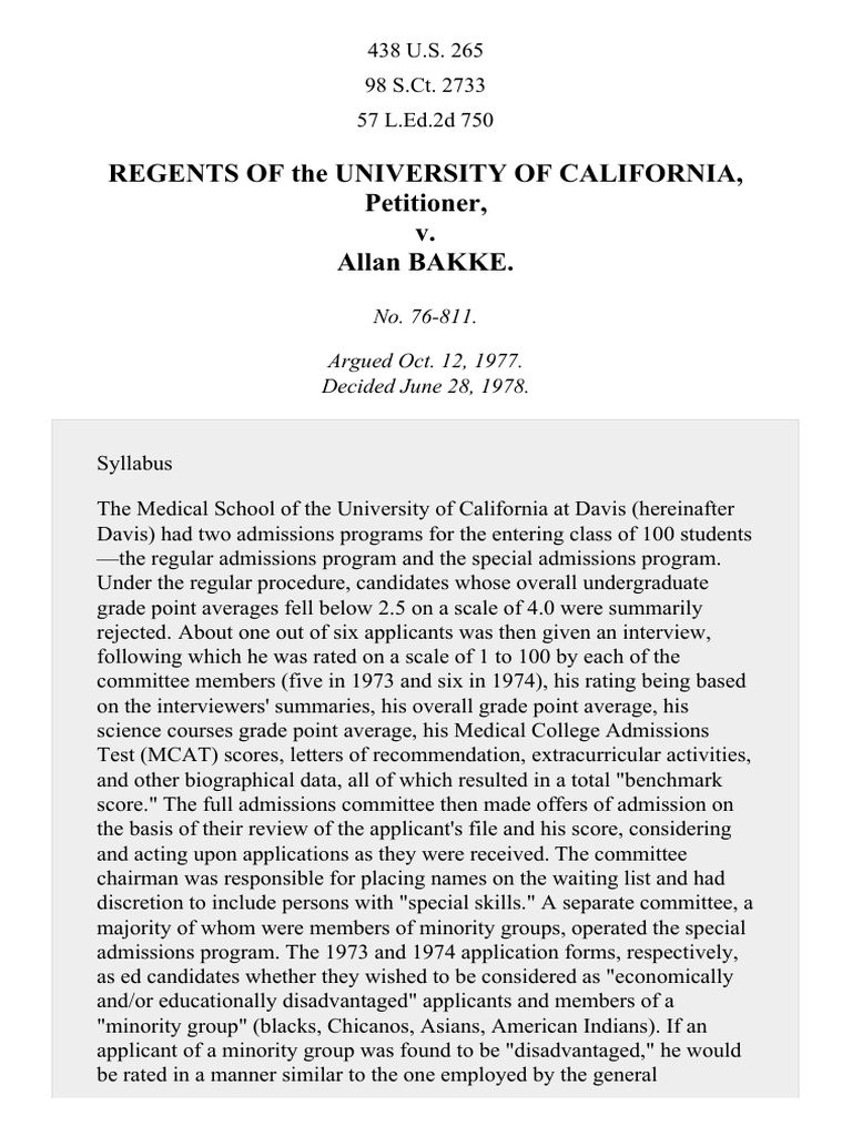 University of California Regents v. Bakke, 438 U.S. 265 (1978) | PDF ...