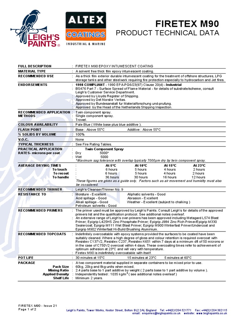Firetex M90: Product Technical Data | PDF | Paint | Epoxy