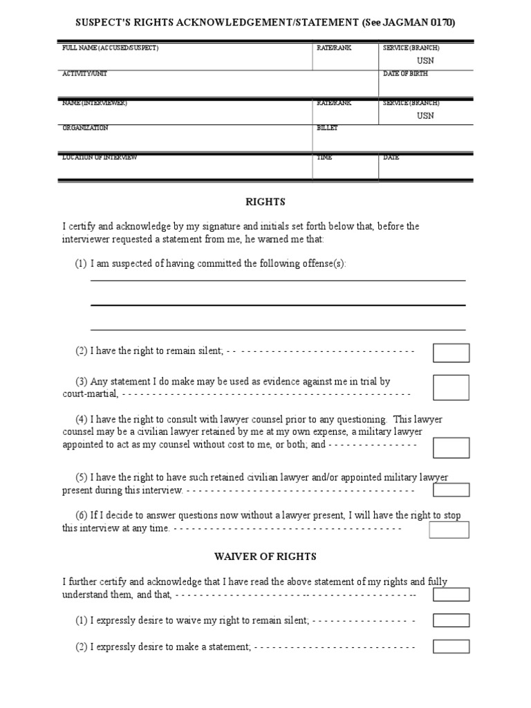 Military Right's Waiver Form (Article 31b) | PDF | Miranda Warning ...
