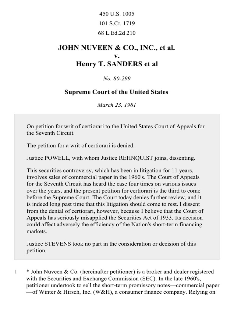 John Nuveen & Co., Inc. v. Henry T. Sanders, 450 U.S. 1005 (1981 ...