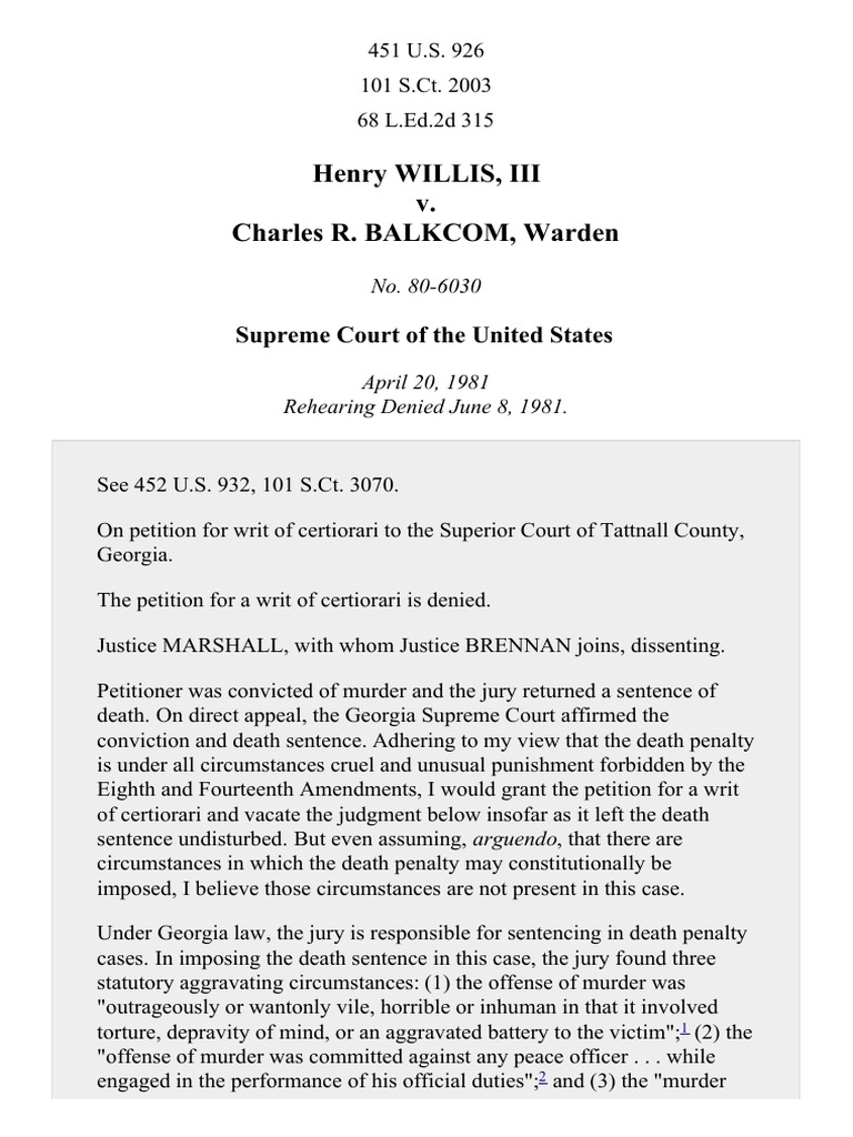 Henry Willis, III v. Charles R. Balkcom, Warden, 451 U.S. 926 (1981 ...